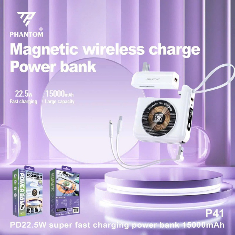 “Cục Trữ Điện” Sạc nhanh PhanTom P41 15.000mAh QC3.0+PD 22.5W kèm cáp ...