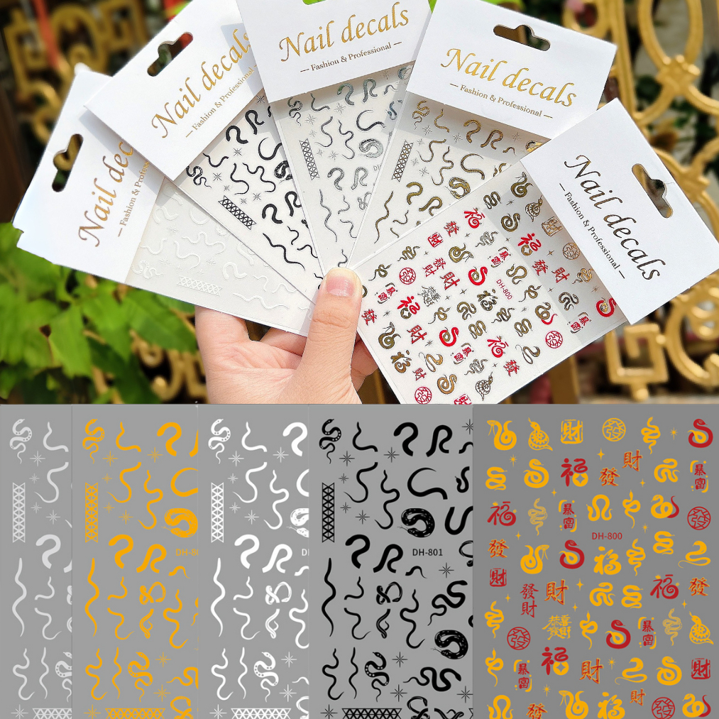Sticker 3D | Rắn 2025 Trắng Đen & Tráng Gương Vàng Bạc | Hình Dán Móng ...