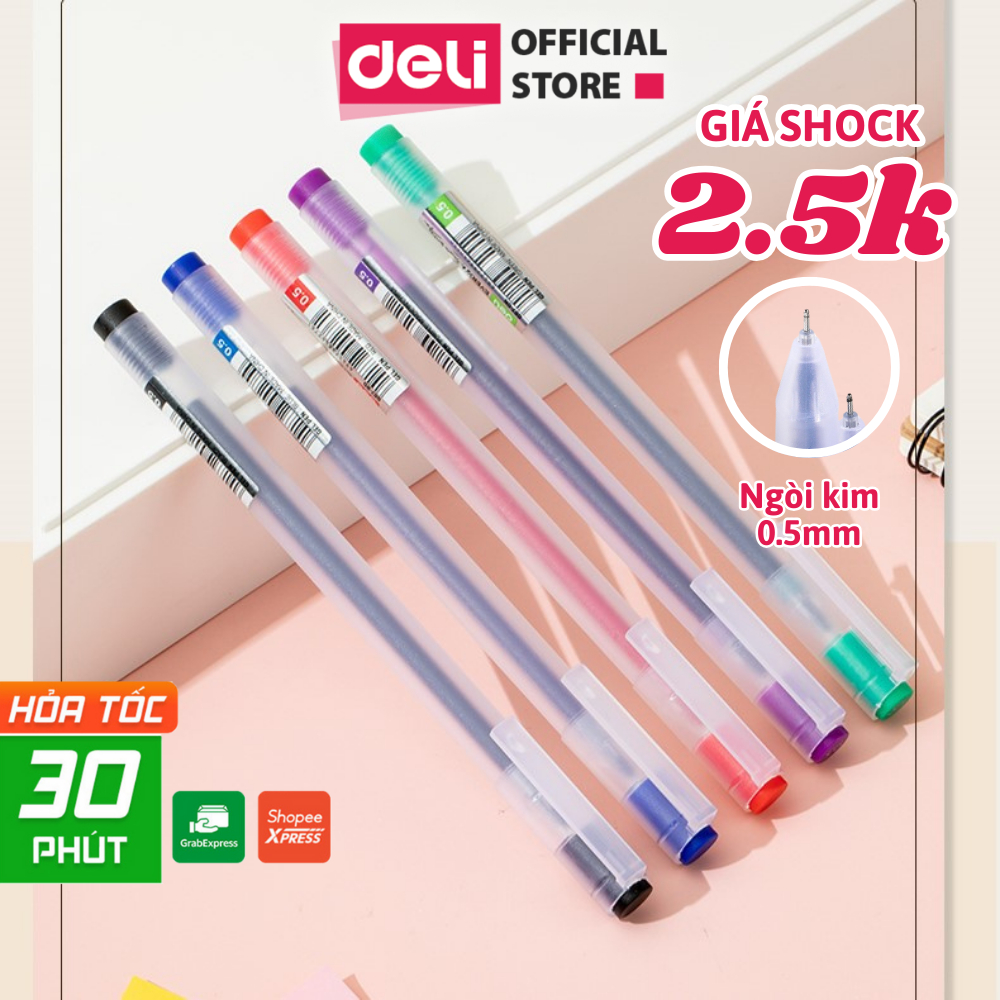 [HỎA TỐC] Bút Bi Nước Mực Tím Gel Nhanh Khô 3 Màu Đen Xanh Đỏ Deli Ngòi ...
