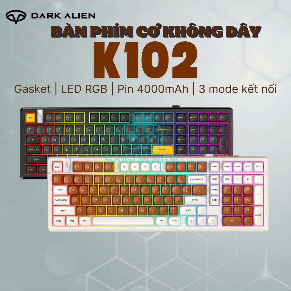 Bàn phím cơ Hotswap Dark Alien K102 - Hỗ trợ không dây - 3 mode kết nối - LED RGB mạch xuôi ...