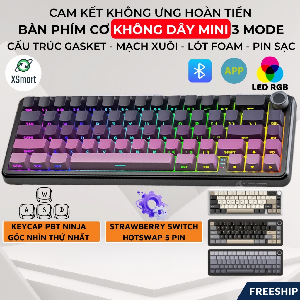 Bàn Phím Cơ Không Dây Bluetooth Mini Attack Shark X66 Núm Xoay Media 3 ...