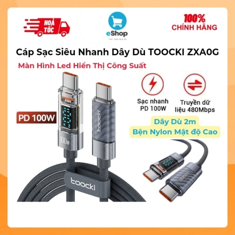 Cáp Sạc Siêu Nhanh Dây Dù C TO C 100w Dài 2M TOOCKI ZXA0G - Có Màn Hình Led Đo Công Suất ...