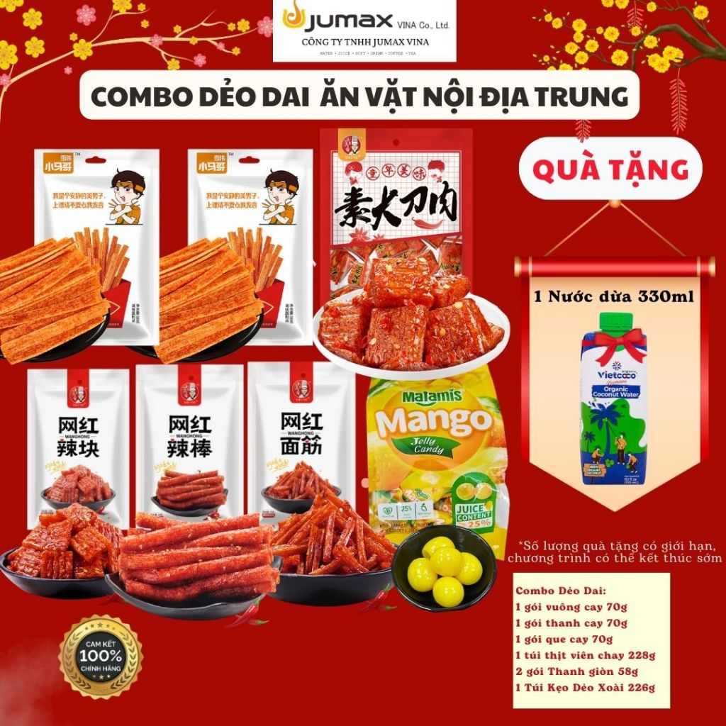 COMBO DẺO DAI 6 gói Que Cay và 1 kẹo dẻo xoài ăn vặt nội địa Trung Tặng ...