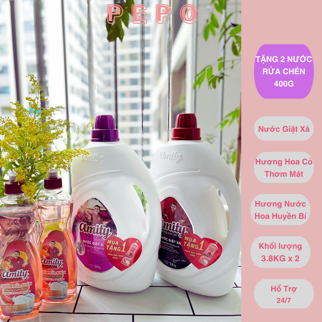 Combo 2 can nước giặt xả AMITY công nghệ mới 5 trong 1, can 3.8KG (Tặng 2 chai nước rửa chén ...
