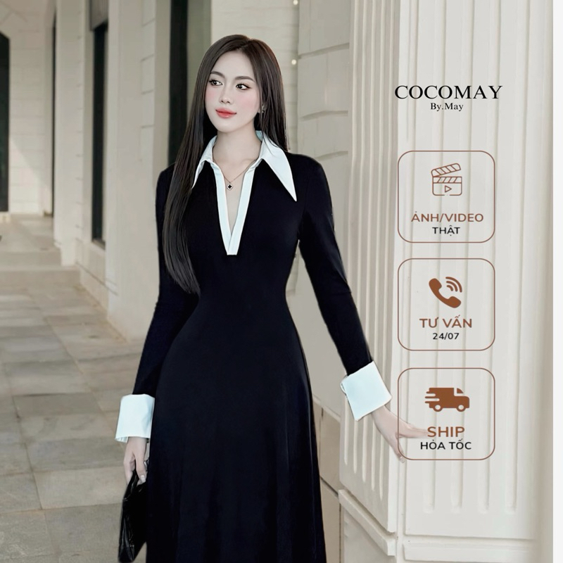 COCOMAY Đầm maxi viền cổ sơ mi trắng phối tay trắng Nữ Women Dress | Shopee Việt Nam