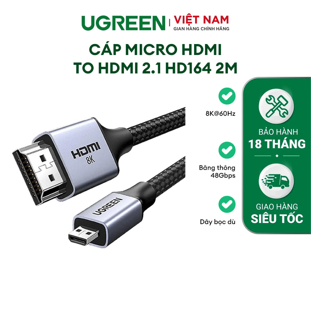 Cáp Micro HDMI to HDMI Ugreen dài 2M 8K@60Hz | Hỗ trợ Dynamic HDR, eARC ...