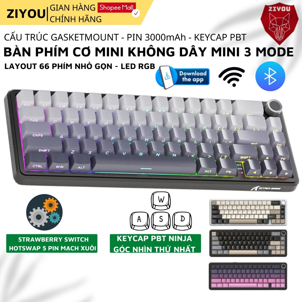 Bàn Phím Không Dây Ziyou Attack Shark X66 Led RGB Hotswap 5 Pin 3 Mode ...