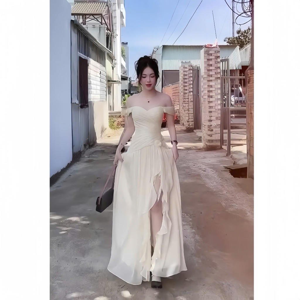 Đầm dự tiệc trễ vai Y23 đầm dáng dài xẻ tà bèo (3 lớp, mặc được 2 kiểu, có đệm mút, kèm tag hoa ...