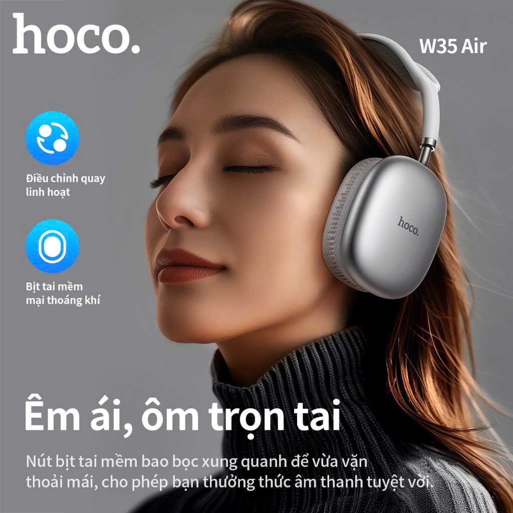 Tai nghe chụp tai Hoco W35 Air , Bluetooth V5.3, hỗ trợ khe cắm thẻ nhớ, cổng AUX, nghe nhạc 45h ...