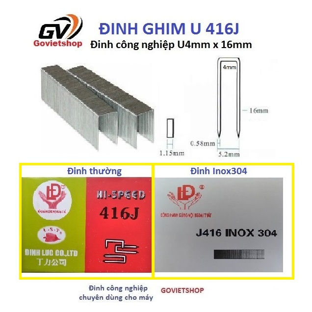 Đinh 416J loại sắt và inox 304 - đinh U bắn gỗ U4mm x chân dài16mm nạp Máy bắn đinh 422J-425J ...