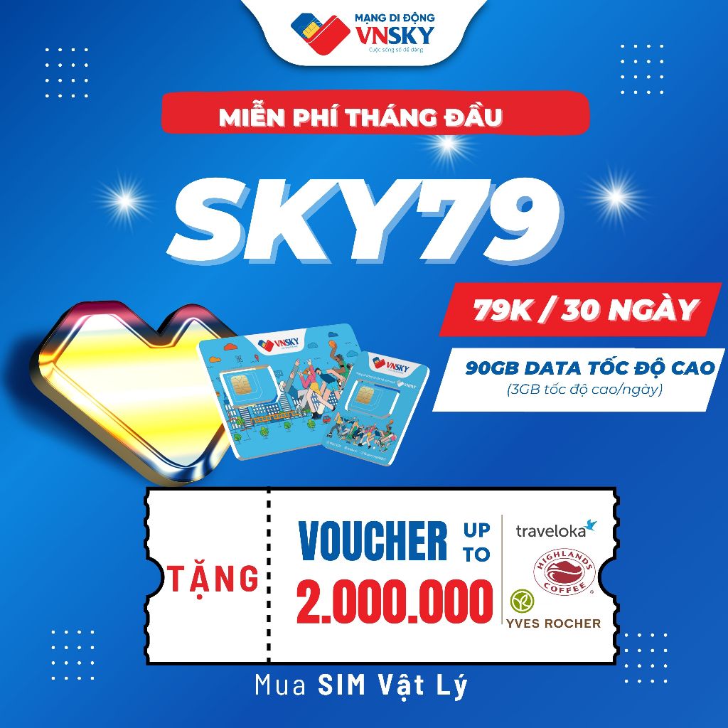 Sim 4G Mobifone gói VNSKY SKY79 90GB/tháng Tặng tháng đầu + Tặng ...
