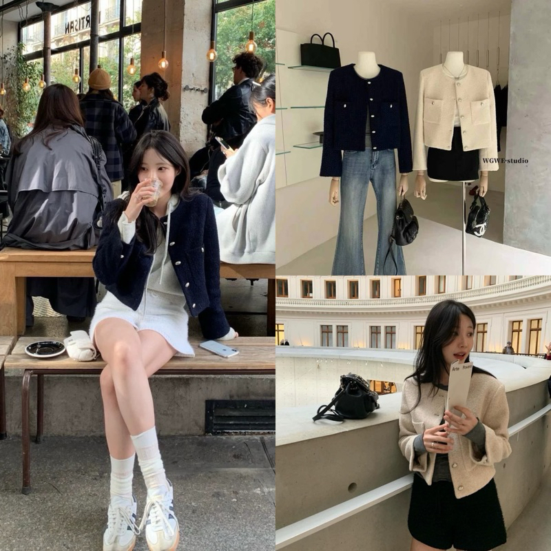 Áo khoác Dạ tweed cao Cấp Hai Màu cổ Tròn Tay Dài Đệm vai Hàng QC WGWE ...