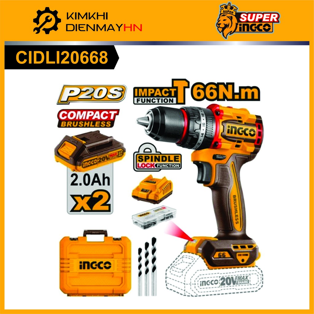 Máy khoan pin 3 chức năng 20V motor không chổi than. Lực siết 66Nm INGCO CIDLI20668, Lực siết ...