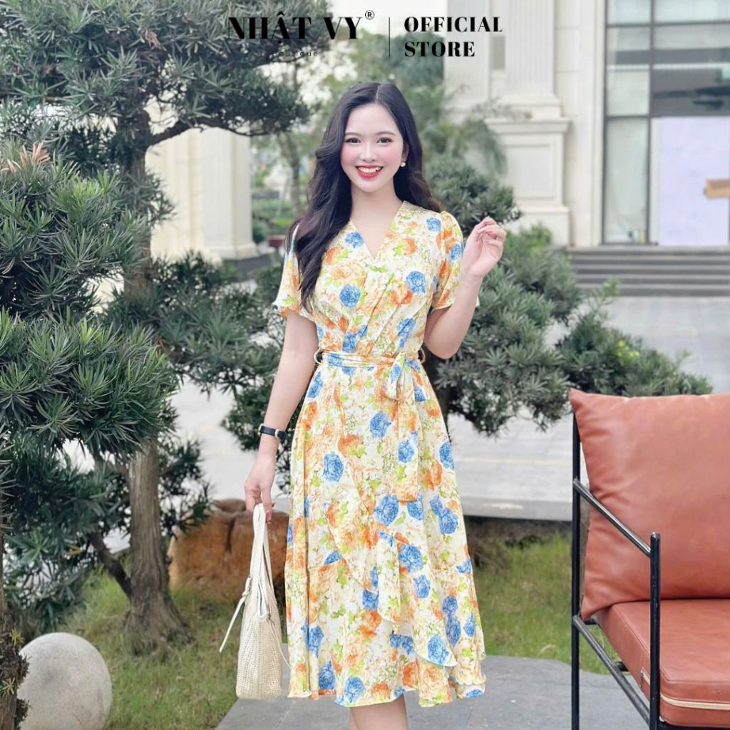 Đầm hoa đi chơi Nhật Vy cổ V tay cánh tiên dáng xoè chất lụa mango phù hợp dạo phố - D3202 ...