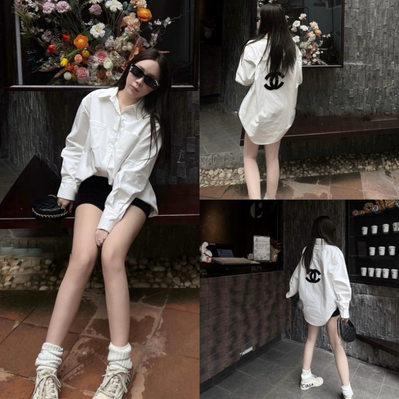 Áo sơ mi trắng thô tay dài thêu chữ C.H.A .N.E.L dáng oversize C103 | Shopee Việt Nam