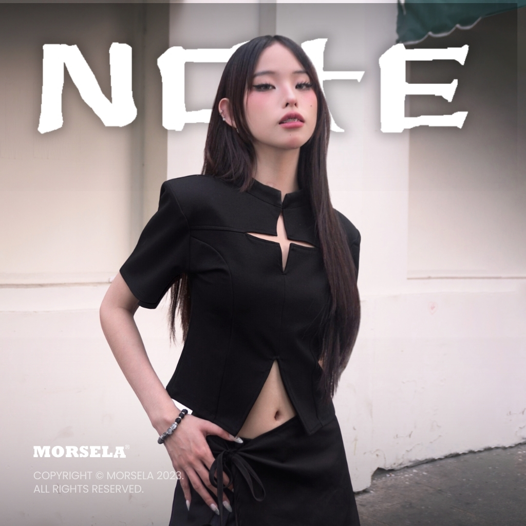MORSELA chính hãng - Áo thun croptop nữ kiểu tay ngắn xẻ tà NOTE phong cách dân gian đương đại ...