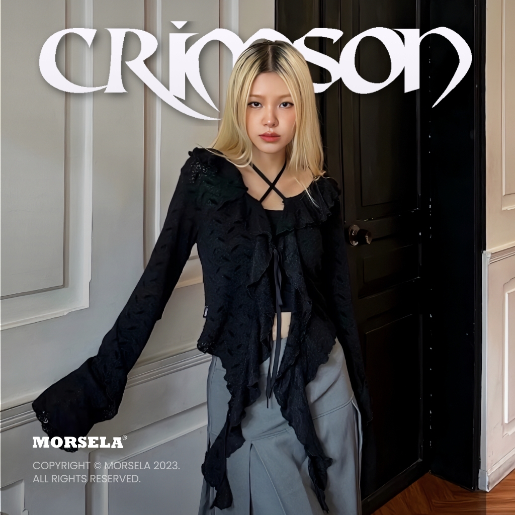 MORSELA® chính hãng - Áo croptop nữ kiểu tay dài CRIMSON phối ren lượn sóng tua rua phong cách ...