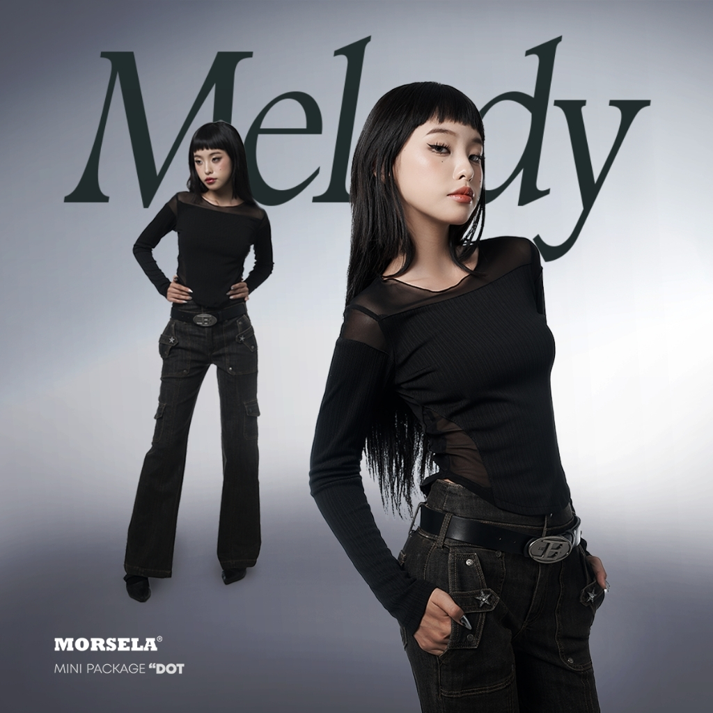 MORSELA chính hãng - Áo croptop nữ kiểu tay dài form ôm cut-out phối lưới MELODY phong cách sexy ...