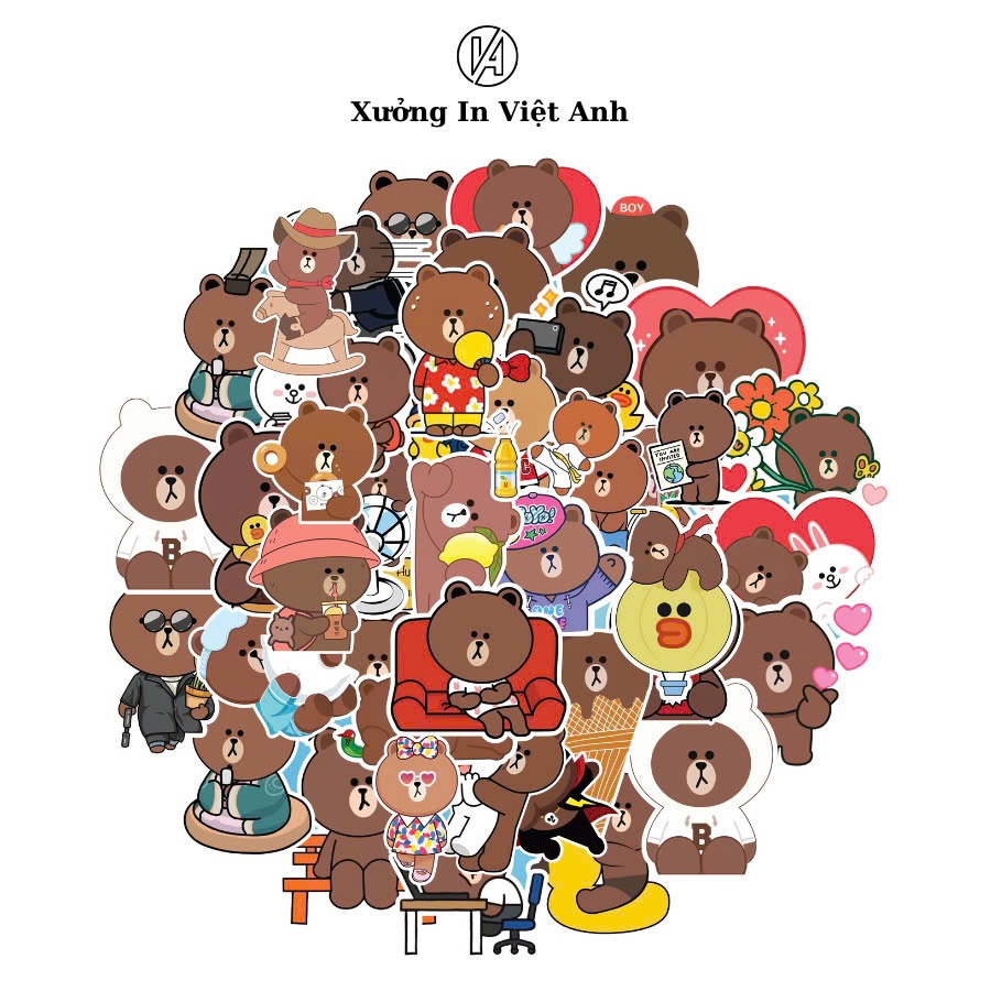 Set 20,50,100 sticker gấu nâu trang trí, miếng dán nón bảo hiểm ...