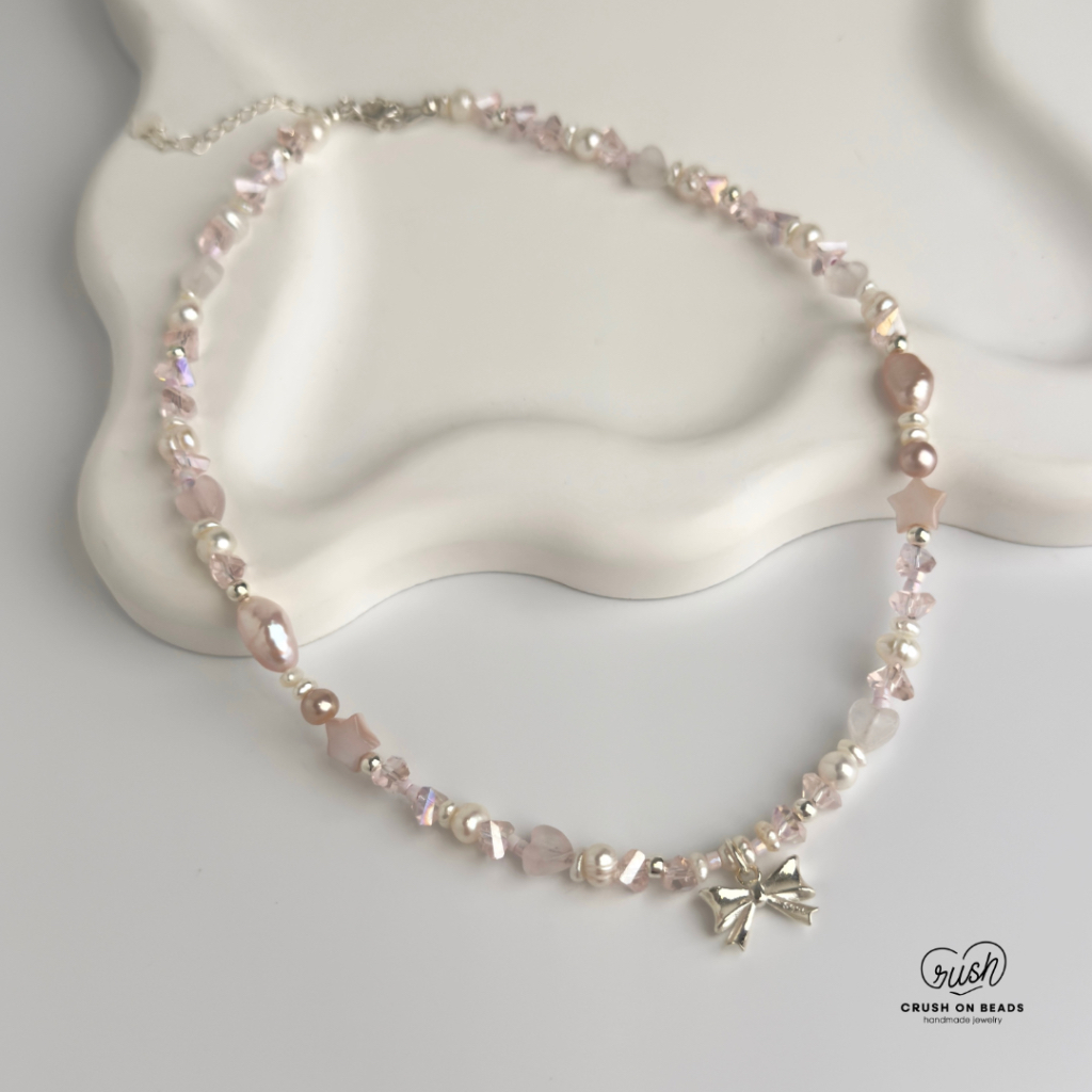 [S925] Vòng Cổ Handmade Baby Pink NT Phối Charm Nơ Bạc 925 ...