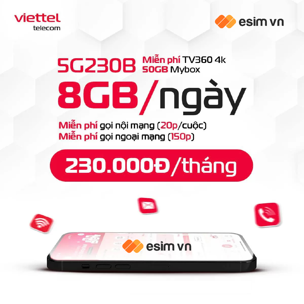 SIM 5G VIETTEL 5G230B - 5G280B - 5G330B Data 12GB/Ngày (360GB/Tháng), FREE 300P Gọi Ngoại Mạng ...