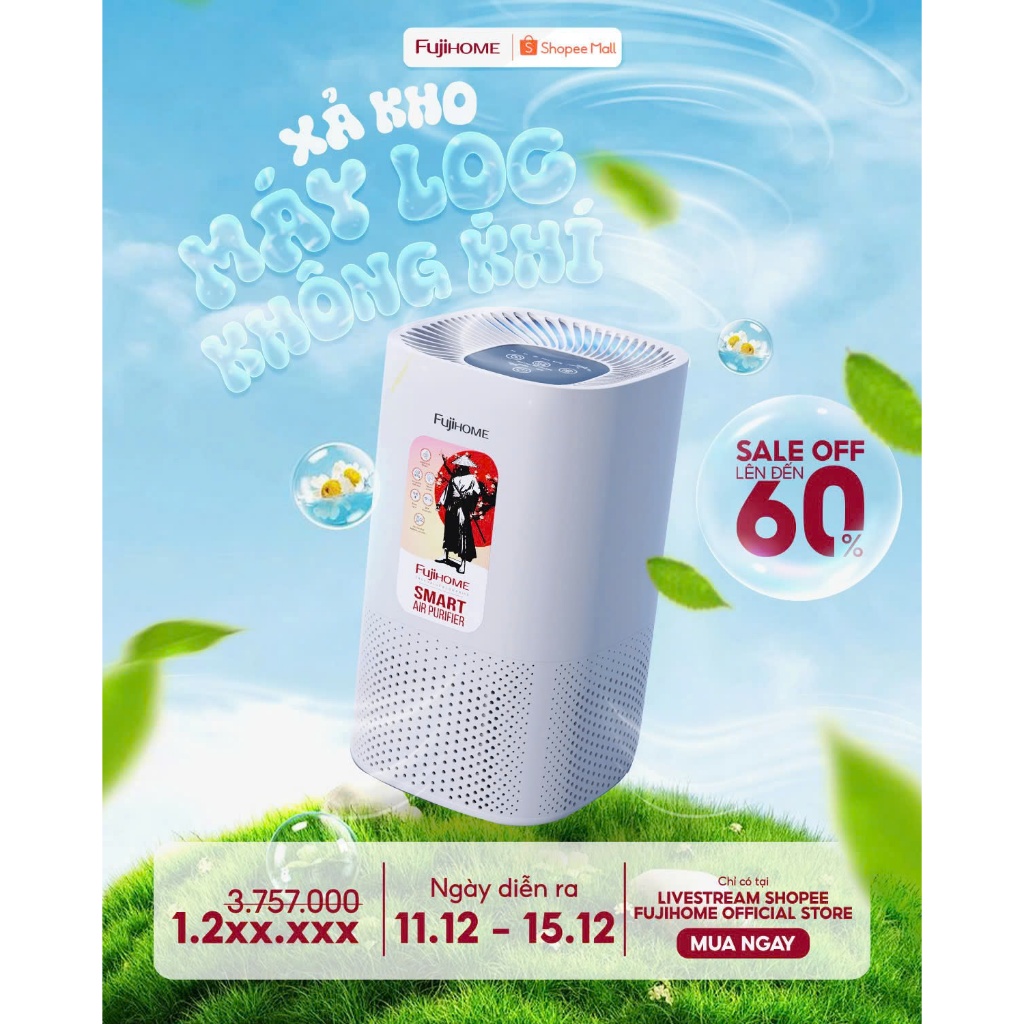 Máy lọc không khí diệt khuẩn UV Led FUJIHOME , 4 cấp lọc màng HEPA lọc bụi mịn PM2.5,khử mùi ...