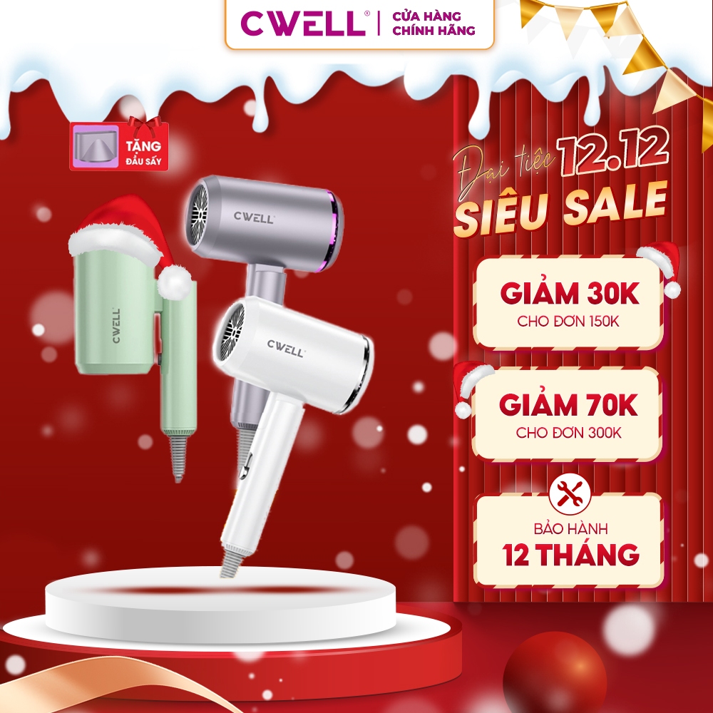 Máy sấy tóc gấp gọn CWell 1800W 2 chiều nóng lạnh, 3 chế độ nhiệt, ánh ...