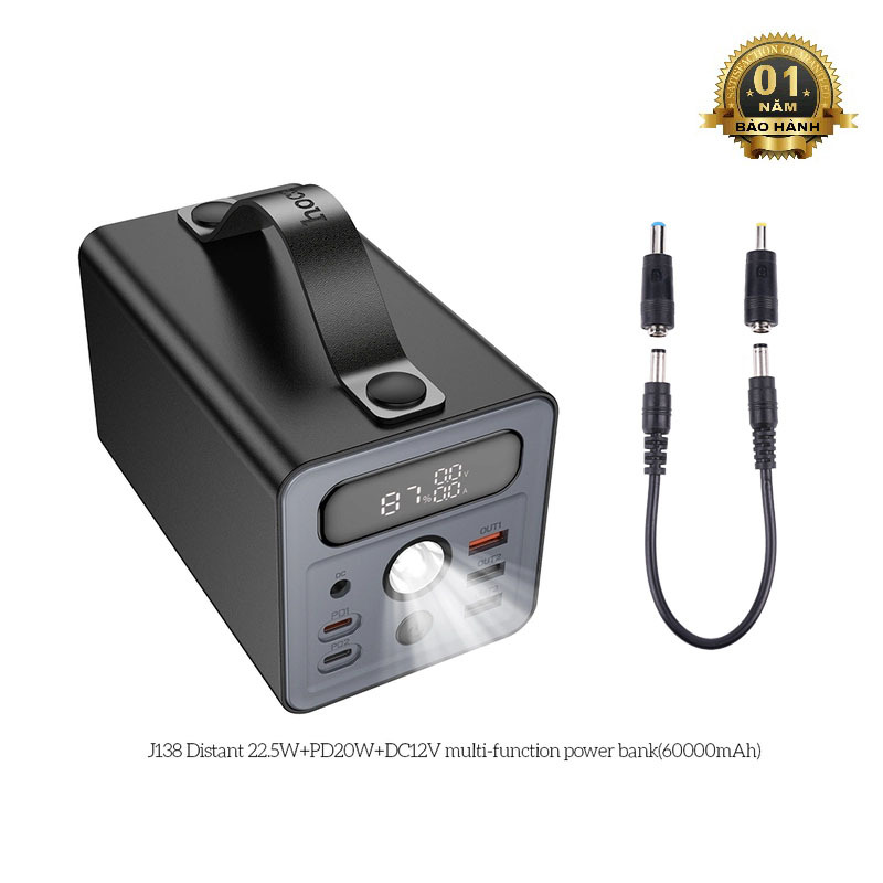 Sạc dự phòng Hoco J138 60000mAh QC 22.5W TypeC PD 20W, DC 12V, LCD báo ...
