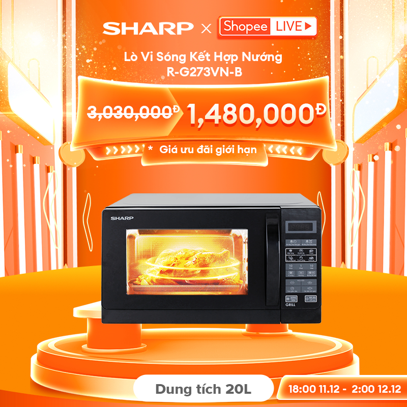 [Sharp x Shopee Live 11/12] Lò Vi Sóng Kết Hợp Nướng Sharp R-G273VN-B 20L | Shopee Việt Nam