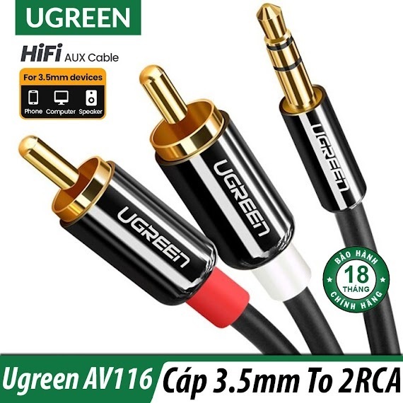 Dây cáp Audio 3.5mm ra 2 đầu RCA (Hoa sen) chính hãng Ugreen AV116 Đầu nối mạ vàng 14K dài từ 1m ...