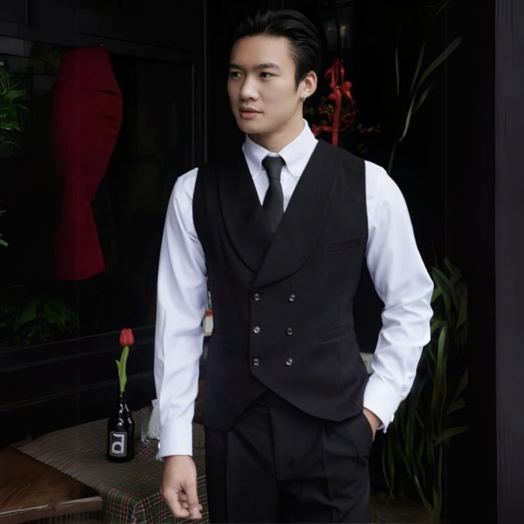 Áo Gile nam cao cấp cổ vest ve rộng 2 lớp đai tôm sau lưng cách điệu ...
