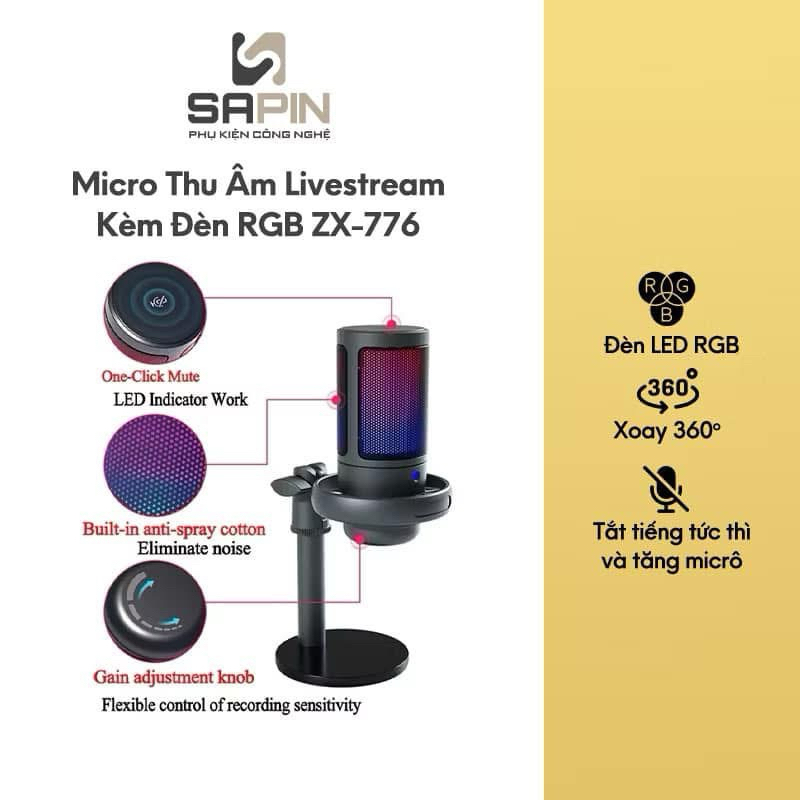 Micro Thu Âm Livestream kèm đèn RGB ME6S Cao Cấp, Micro Thu Âm USB, Mic ...