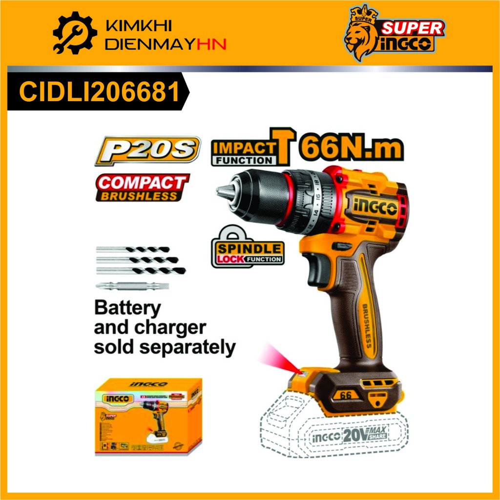 Thân máy khoan pin ingco 20v 3 chức năng motor không chổi than 66Nm INGCO CIDLI206681, INGCO ...