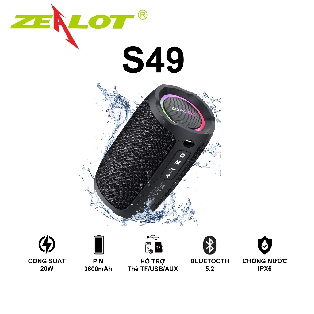 Loa Bluetooth di động ZEALOT S49 Công suất 20W, Loa không dây Tăng ...