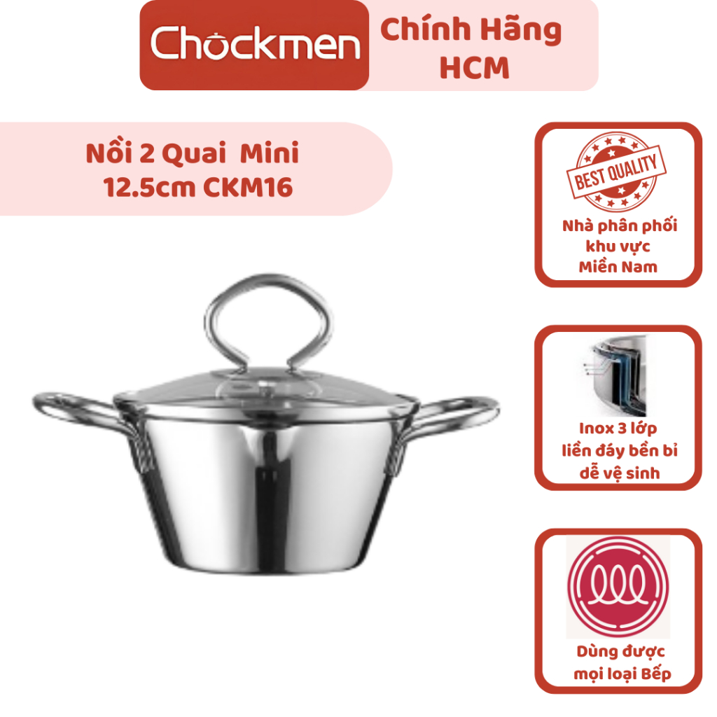 Nồi inox chockmen mini có 2 quai size 13cm, nồi nấu trên mọi loại bếp kèm nắp CKM16, Chockmen ...