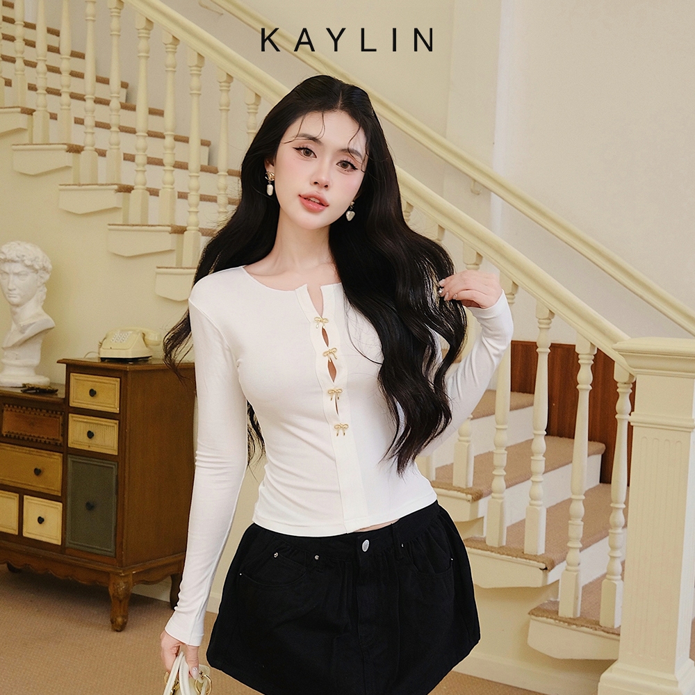 Áo thun KAYLIN tay dài phối nút kèm nơ chất vải cotton gân co giản phong cách - N2383 | Shopee ...
