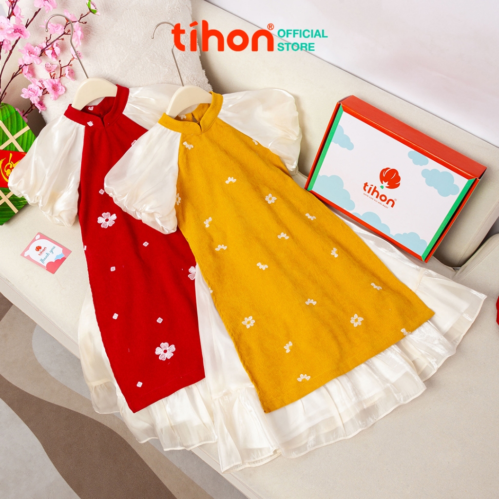 Áo dài cho bé gái TIHON cao cấp chất liệu nhung mềm mại thêu hình hoa ...