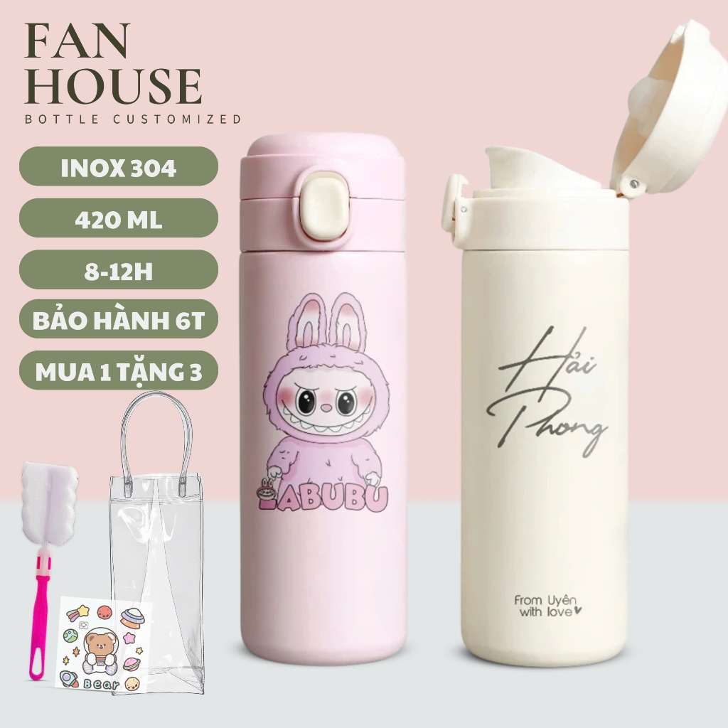 Bình giữ nhiệt khắc tên Fan House 420ml bình nước giữ nhiệt 12h inox 304 có màn hình nhiệt độ ...