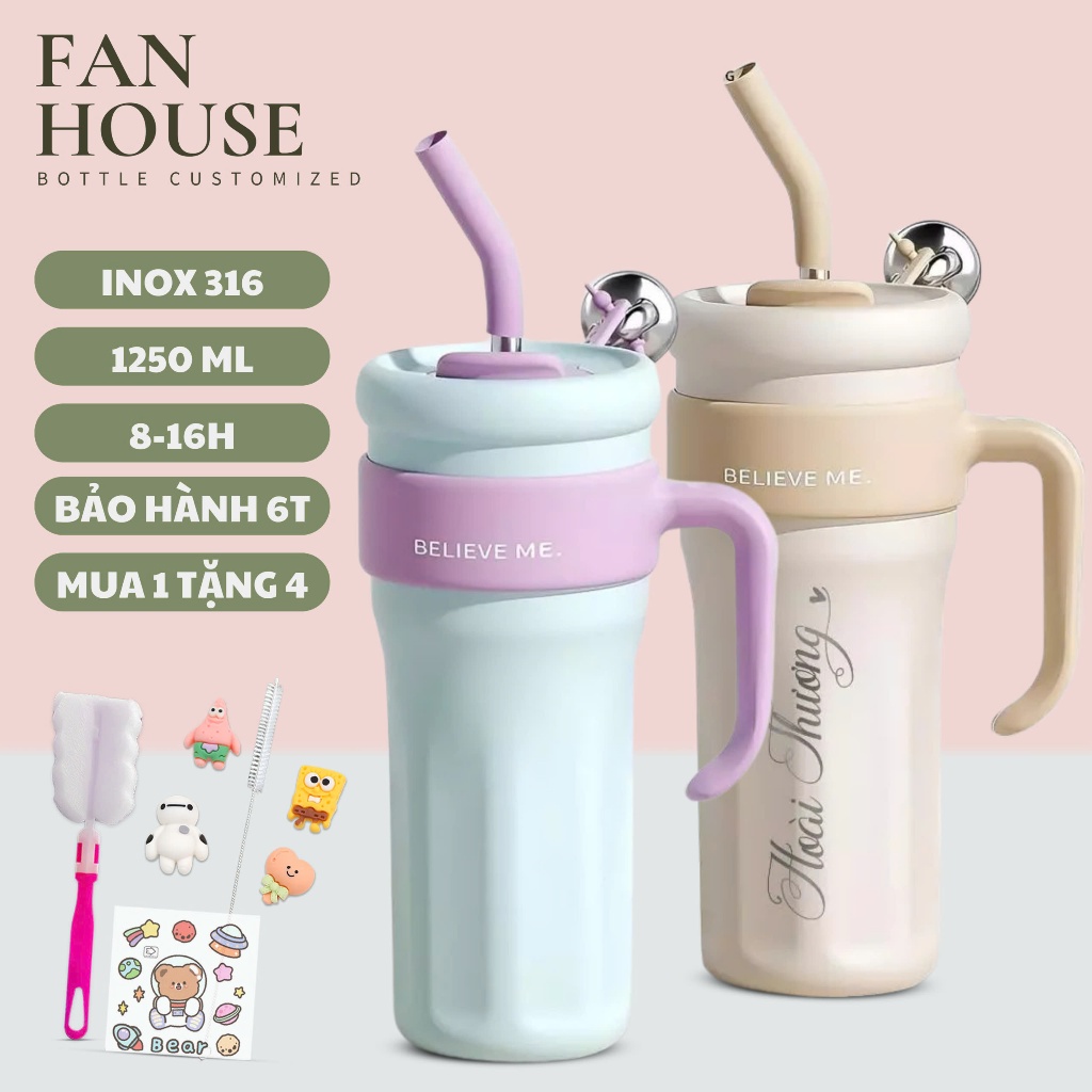 Ly giữ nhiệt Believe Me inox 316 cao cấp, cốc giữ nhiệt 1250ml có ống hút Fan House tặng charm ...