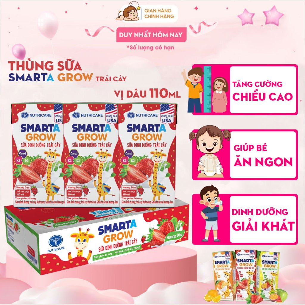 Thùng sữa nước trái cây Nutricare Smarta Grow (vị dâu 110ml) dinh dưỡng ...
