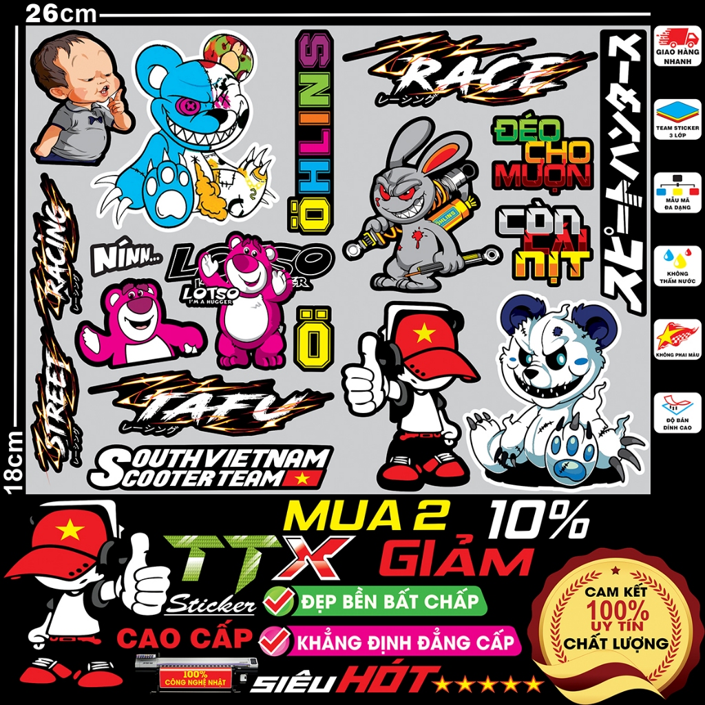 tem dán xe điện gấu quỷ bạo lực thỏ ohlins chữ tàu race tafu hót trend ...