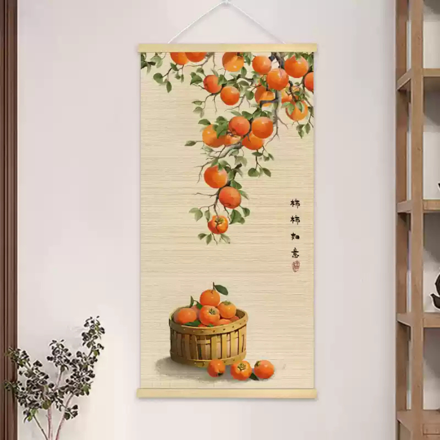 Tranh mành trúc hồng đầy giỏ, cành hồng sai trĩu quả, tượng trưng vạn ...