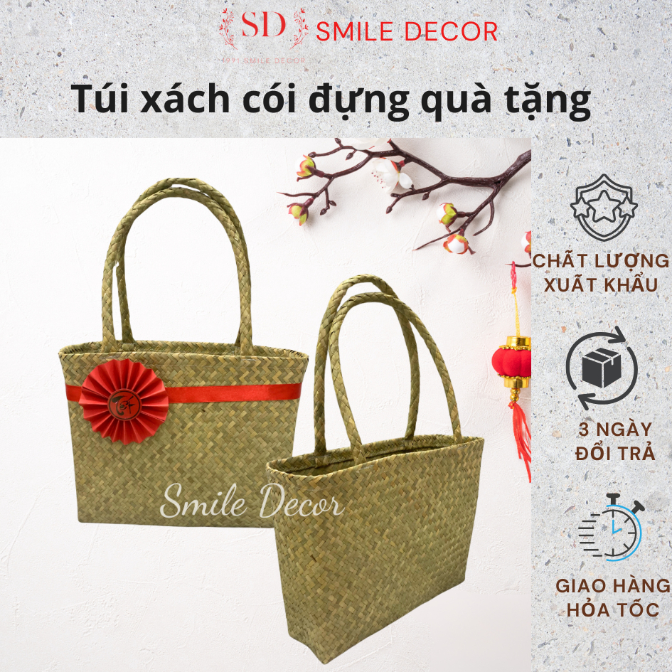 Túi đựng quà tặng lễ tết Smile Decor , túi xách cói thời trang dạo phố ...