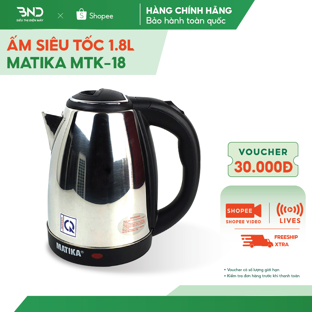 Ấm siêu tốc inox Matika MTK-18 dung tích 1.8L công suất 1500W chế độ tự động ngắt bảo hành 12 ...