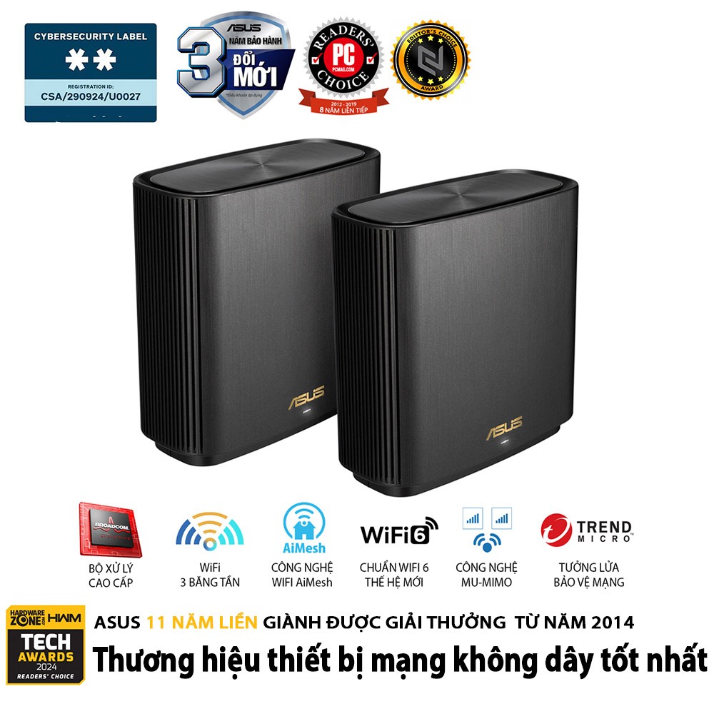 Bộ Mesh Wifi6 ASUS XT8 (B-2-PK) 2 Pack Màu Đen / ZenWiFi Chuẩn AX6600 3 ...