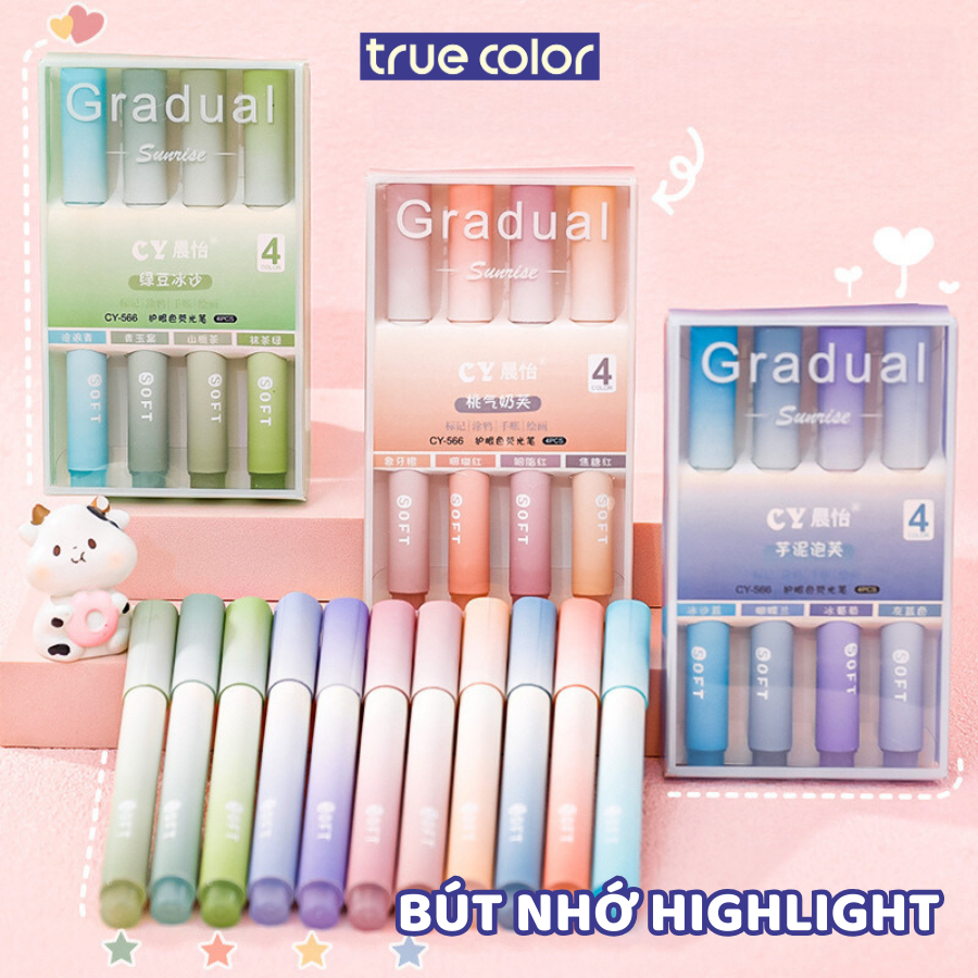 Bút nhớ Highlight vỏ màu ombre TRUECOLOR, set bút dạ quang pastel 12 ...