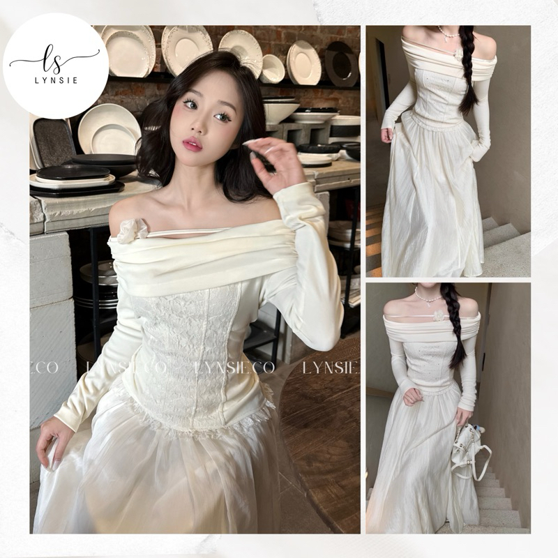 [Stella dress] Set váy dài mix áo trễ vai nhún phối ren và dây hoa tơ ...