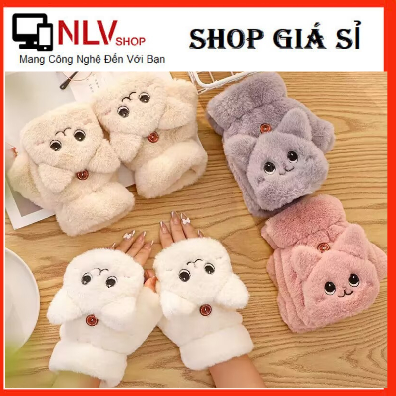 Găng tay hở ngón vải polyester mềm dày hình mèo dể thương.Bao tay,găng ...