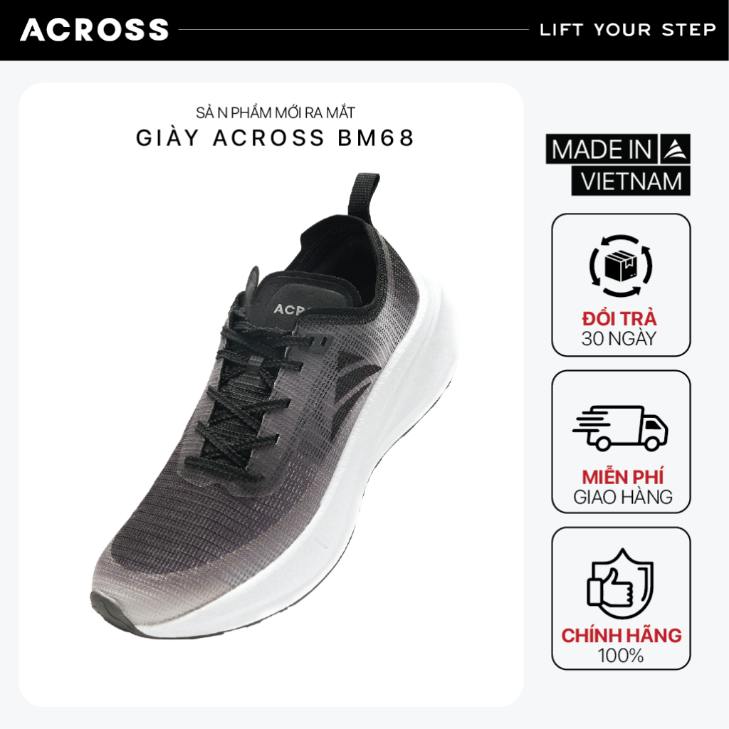 [MÃ ACROSP10 GIẢM 10% ĐƠN 249K] Giày Chạy Bộ Thể Thao Nam Nữ Across BM68 Running Màu Đen Ma Sát ...
