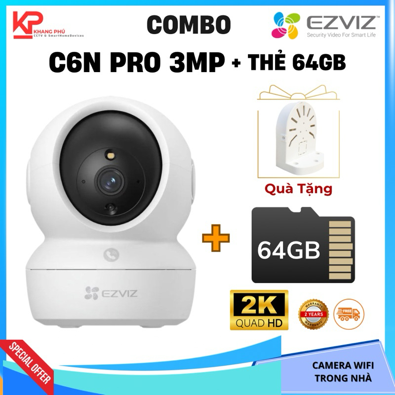 Combo Camera Ezviz C6N PRO 3MP 2K + Thẻ 64GB Tặng Chân Đế L, Xoay 360 độ, Camera wifi trong nhà ...